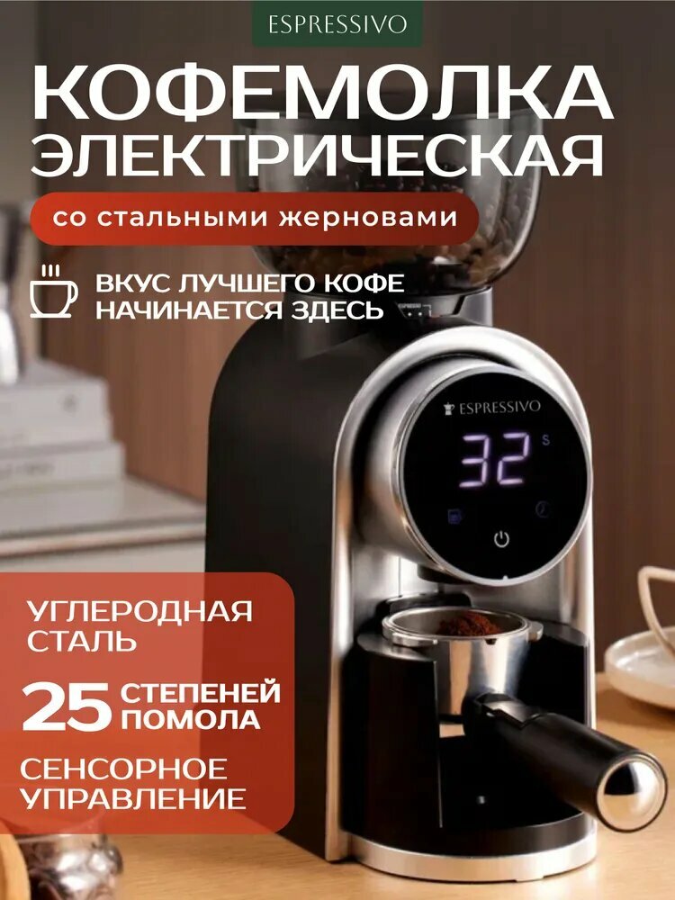 Кофемолка, электрическая, со стальными жерновами, пластик, черный матовый