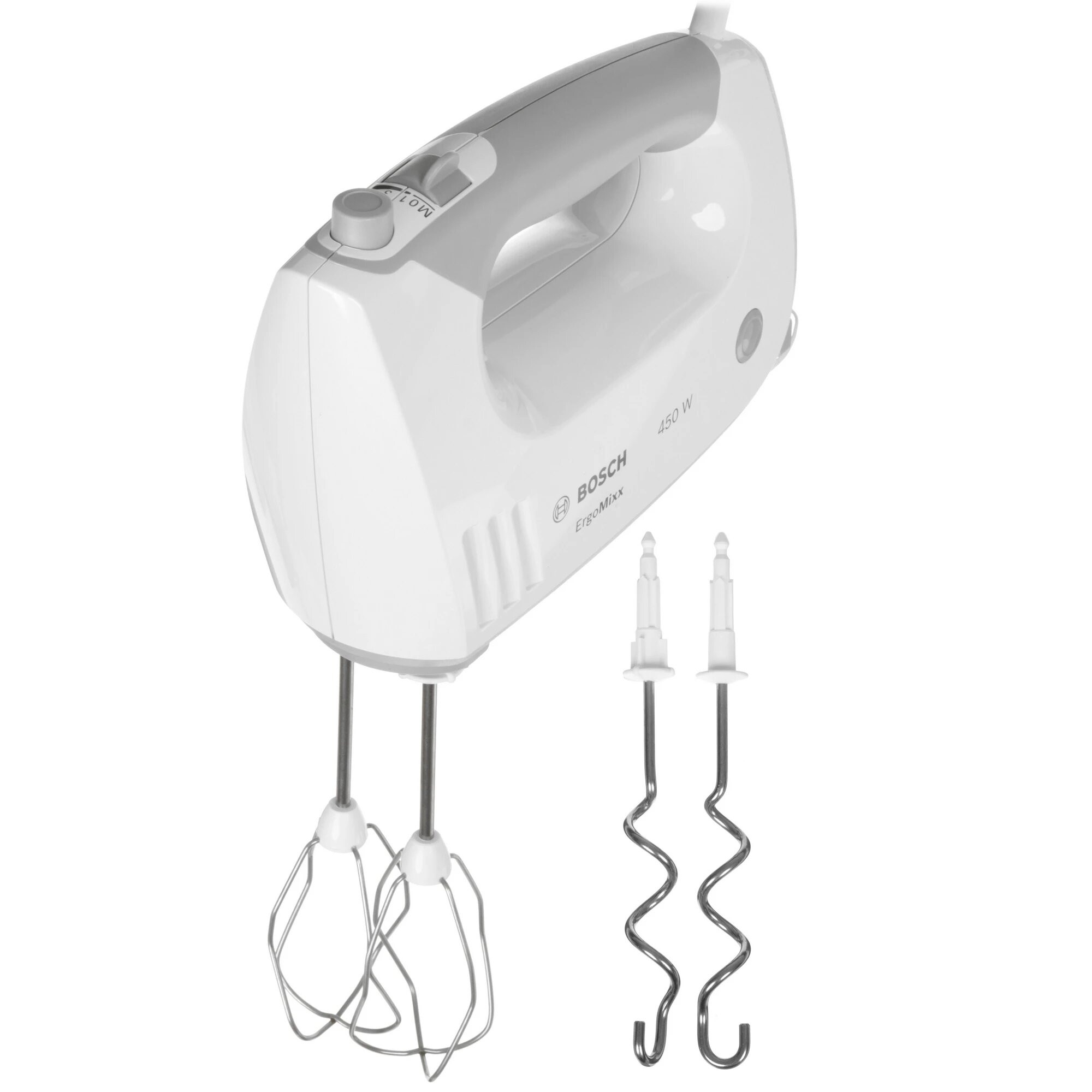 Миксер Bosch MFQ36400 серо-белый, 450Вт, 2 венчика, 2 крюка для теста, Поворотный регулятор, непрерывный режим