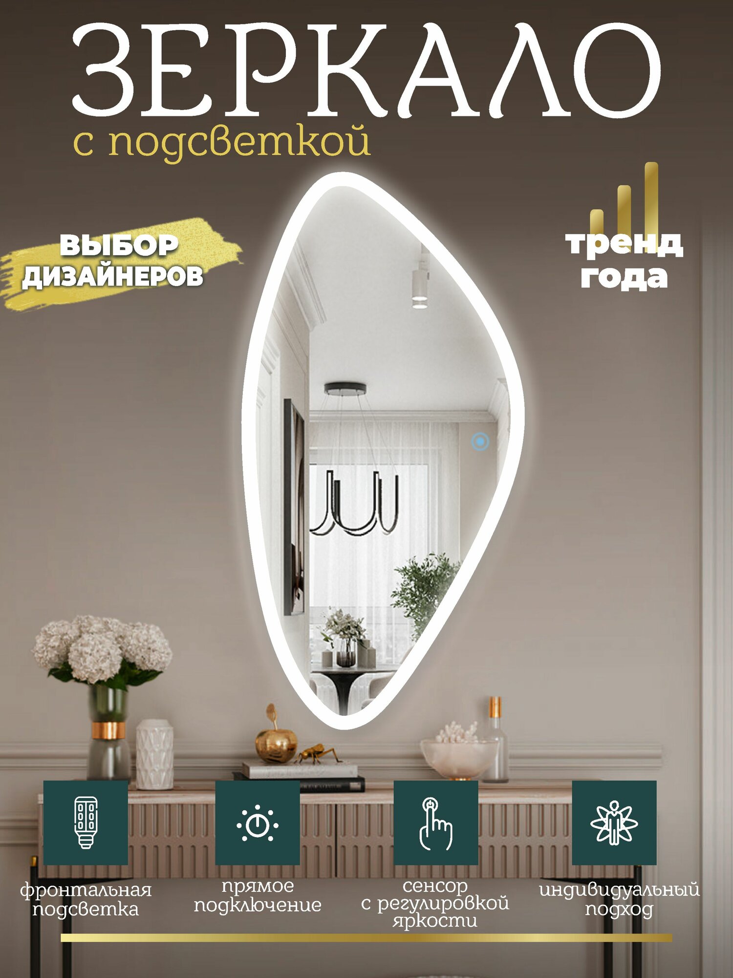 Зеркало настенное "Капля" с подсветкой 80*160 см с фронтальной подсветкой, сенсорная кнопка