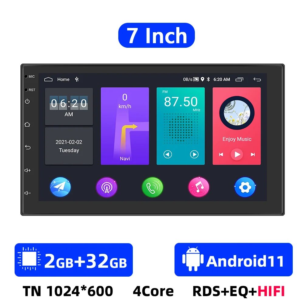 Автомагнитола Podofo, мультимедийный плеер на Android 11, с 7 "экраном 9" 10 ", GPS, для Volkswagen, Nissan, Kia, Toyota, типоразмер 2DIN, 7Inch 2 32G