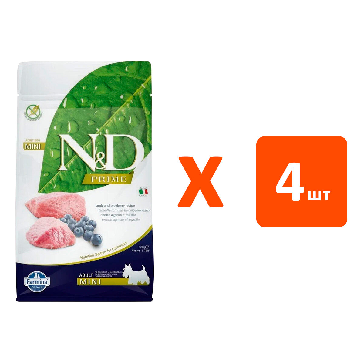 Корм сухой FARMINA DOG N&D PRIME ADULT MINI LAMB & BLUEBERRY беззерновой для взрослых собак маленьких пород, ягненок и черника, 0,8 кг х 4 шт
