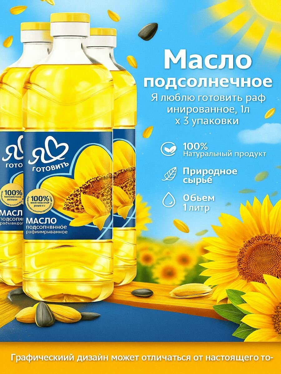 Масло подсолнечное Я люблю готовить рафинированное дезодорированное, 1л x 3 упаковки
