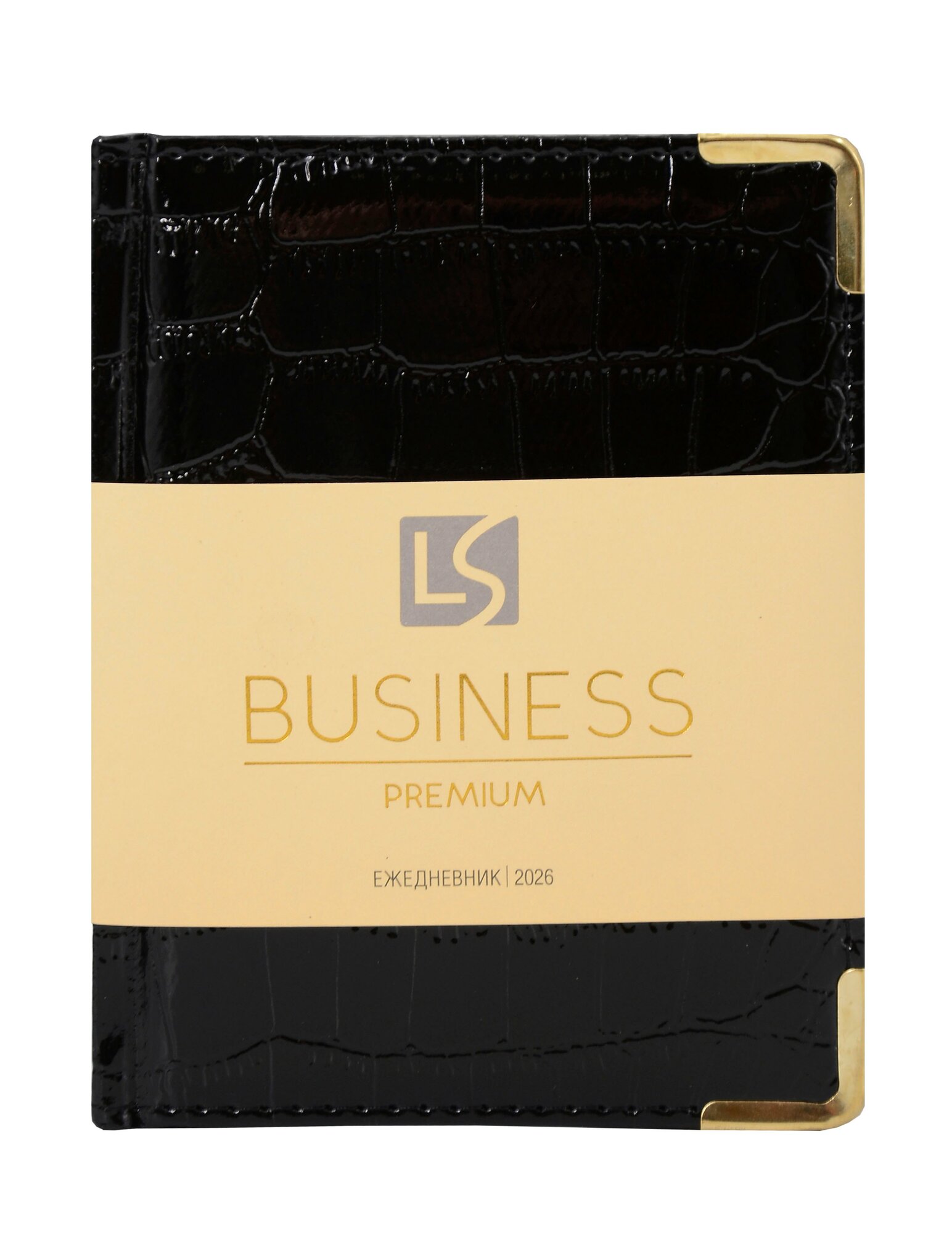 Ежедневник дат. 2026г. А6 176л "Business Premium. Grand croco" черный, 7Б, иск. кожа, обл. поролон, тв. переплет, мет. уголки, тонир. блок, зол. торец, справ. мат-лы, 2 ляссе, инд. уп