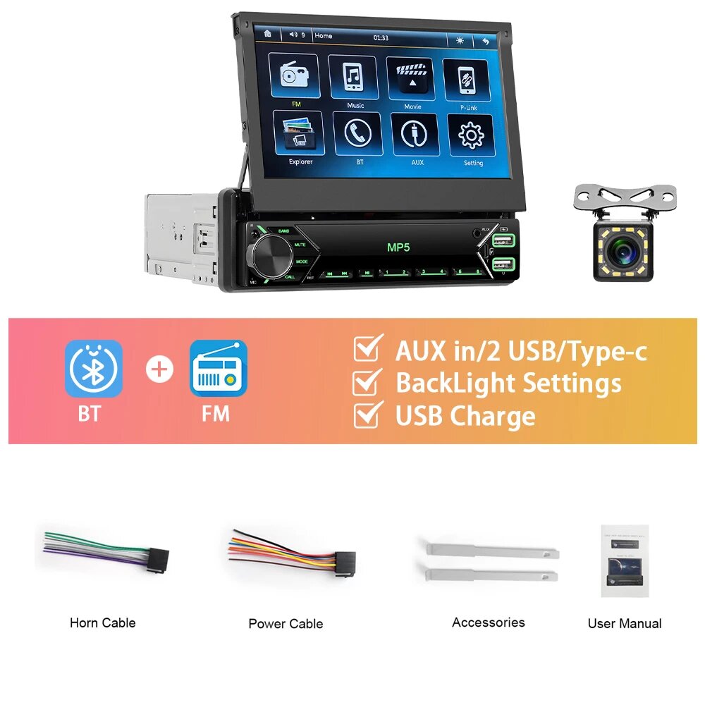 Автомобильный MP5-плеер Podofo, мультимедийный плеер на Android, с выдвижным экраном, NO Carplay CAM