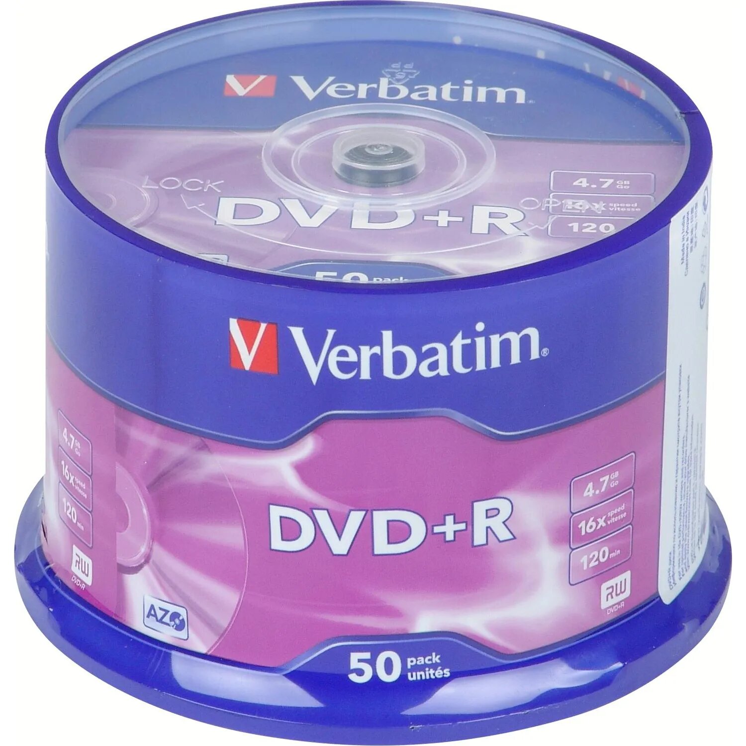 Носители информации DVD+R, 16x, Verbatim Azo Matt Silver, Cake/50, 43550