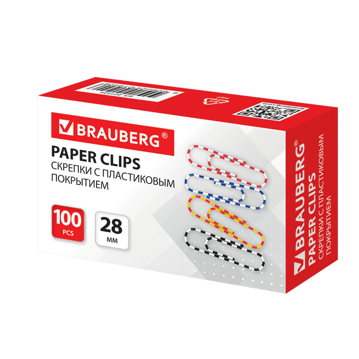 Упаковка 20 шт. Скрепки BRAUBERG, 28 мм с цветными полосками, 100 шт, в картонной коробке, 221534