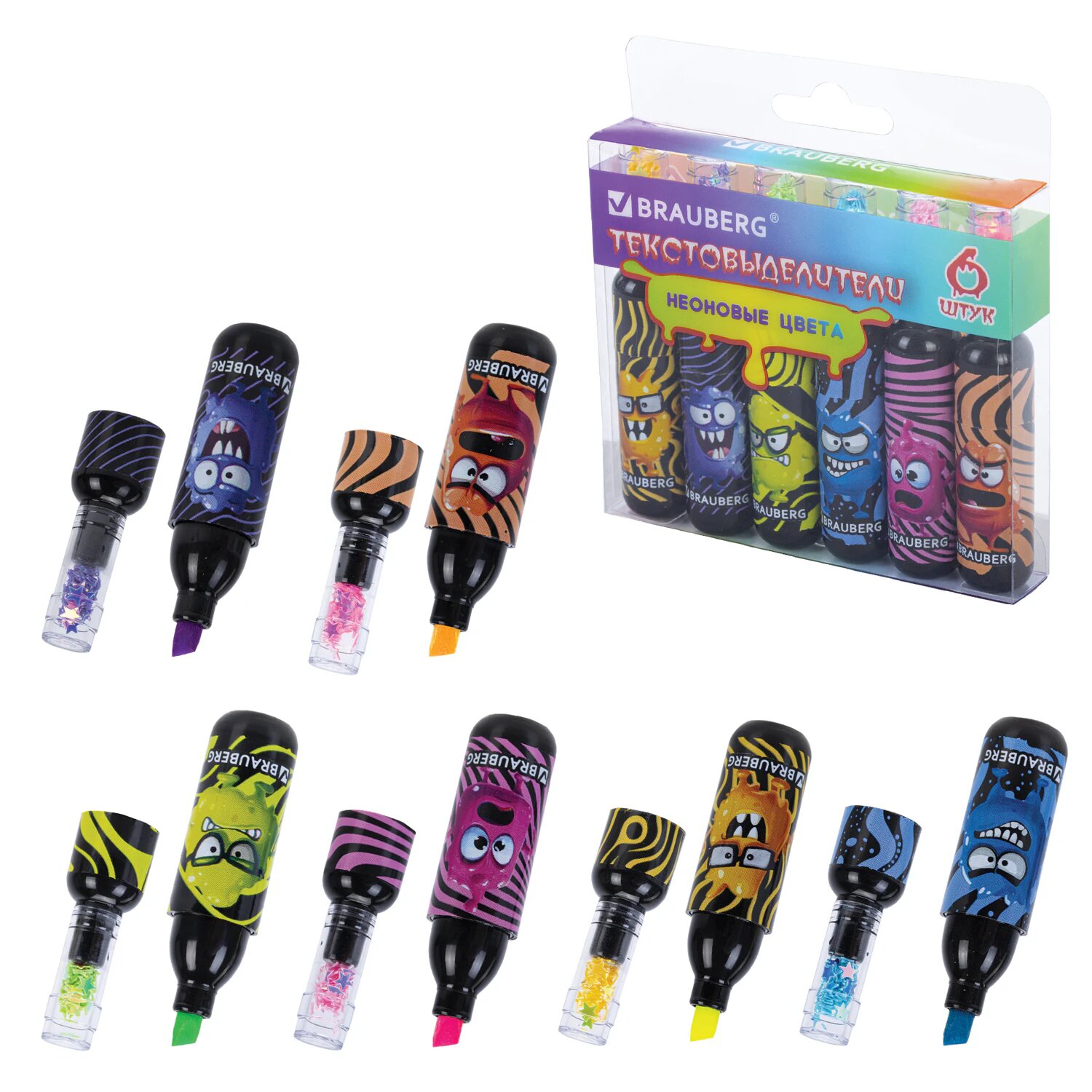 Набор текстовыделителей 6 неоновых цветов, кросс-серия монстрики, линия 1-5 мм, BRAUBERG, 152621