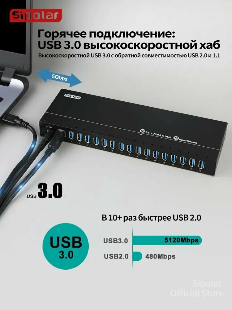 16 портов, до 5Gbps, black metal usb hub, Sipolar A-316, для нескольких usb устройств для зарядки и передачи данных, каждый порт 5V 1.2A