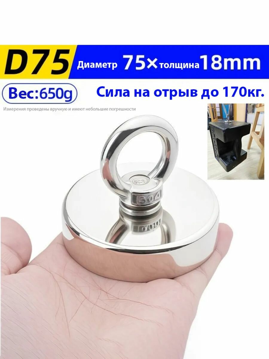 Магнитное крепление с наружным кольцом D75 сила на отрыв 170кг