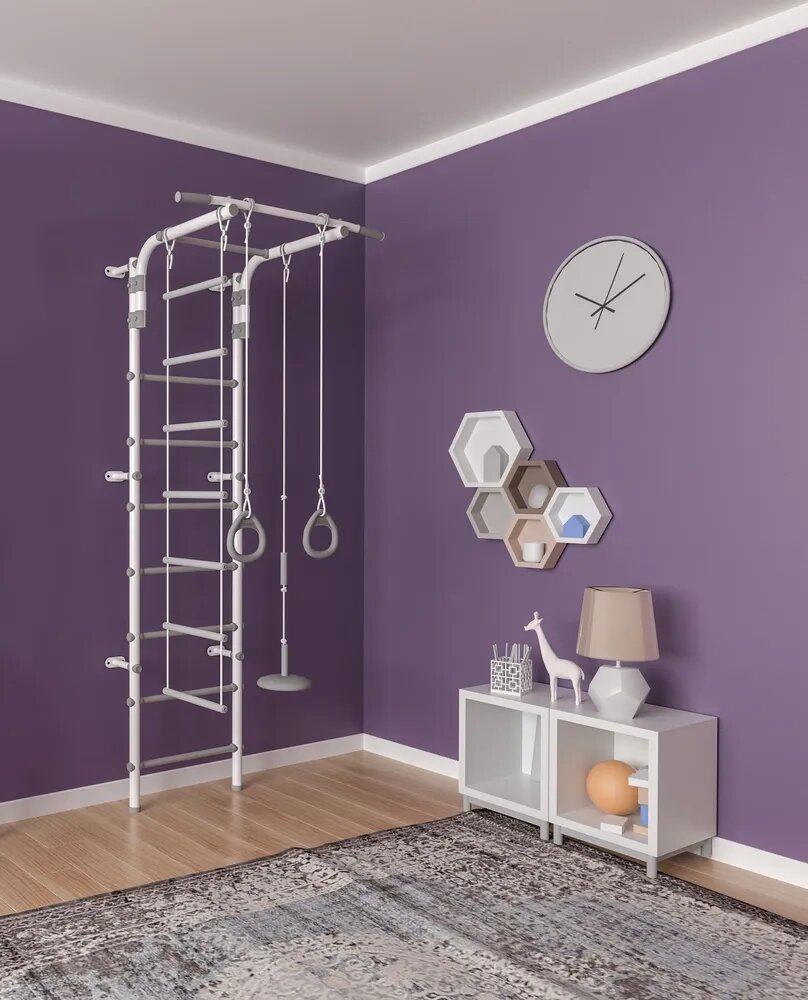 Шведская стенка ДСК 4.3 серого цвета, к стене с лестницей веревочной, качелей