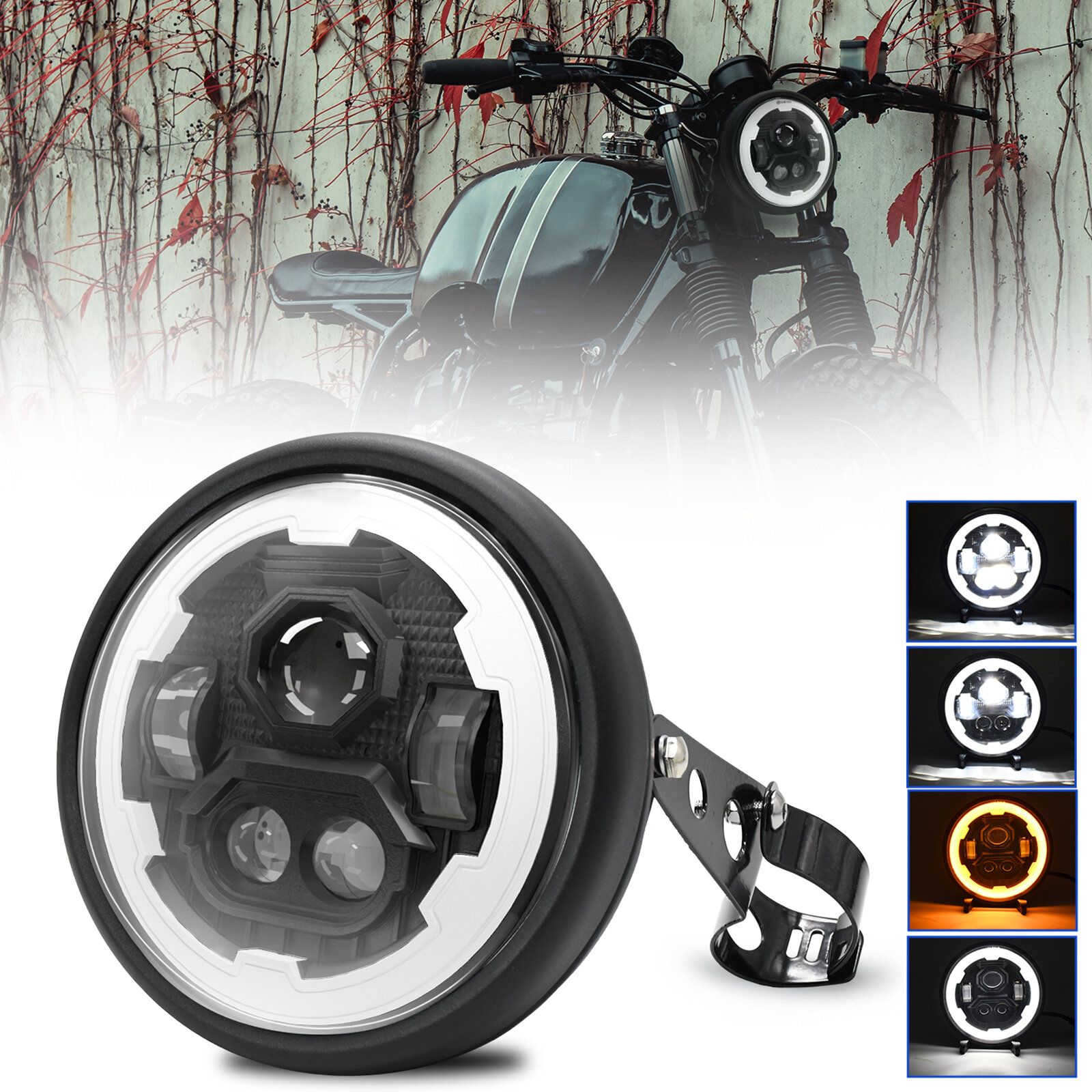 7 дюймовый мотоциклетный светодиодный фара с корпусом, чашей, дальним/ближним светом, поворотниками, дневным ходовым светом, угловыми глазами, круглый, 6000K/3500K, 9-32V, 100W/10000LM, IP67, H4, алюминий, 1 шт.