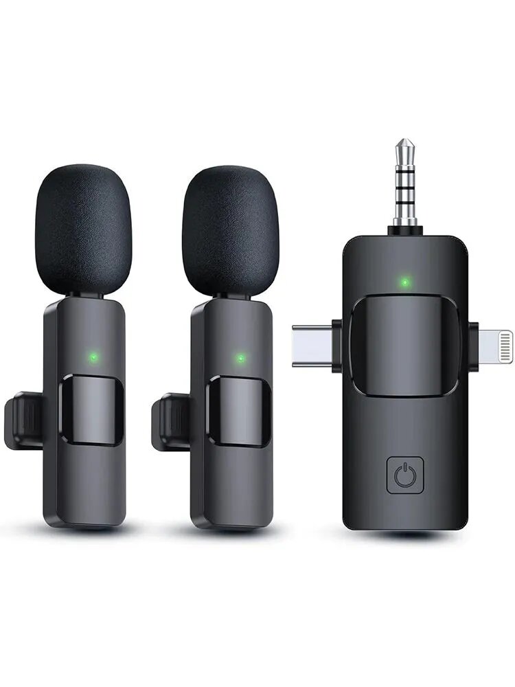 Микрофон K15 / Беспроводной петличный микрофон + универсальный ресивер с 3 интерфейсами (3.5 mm jack, Type-C и Lightning)2 микрофон, черный