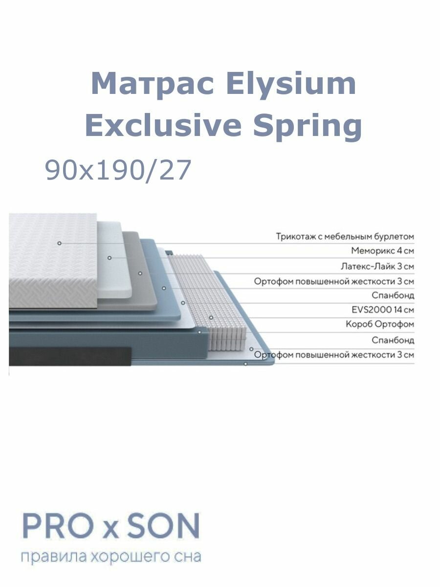 Матрас PROSON ELYSIUM EXCLUSIVE SPRING 90х190 см с средней степенью жесткости, Анатомический, Независимые пружины