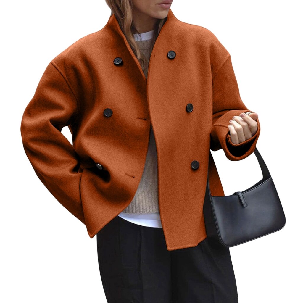 Женский двубортный шерстяной пиджак, деловое повседневное короткое шерстяное пальто-оранжевый-L