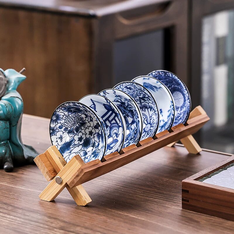 Сине-белые конические чашки для кунг-фу чая, набор из 6 штук с подставкой, керамические чашки с полноцветной имитацией