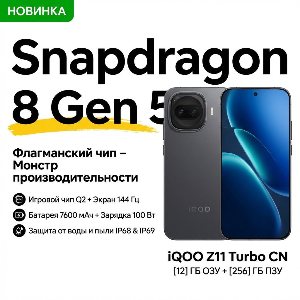 Игровой смартфон iQOO Z11 Turbo CN 12/256ГБ черный | Snapdragon 8 Gen 5 | 200Мп камера | 144Hz экран