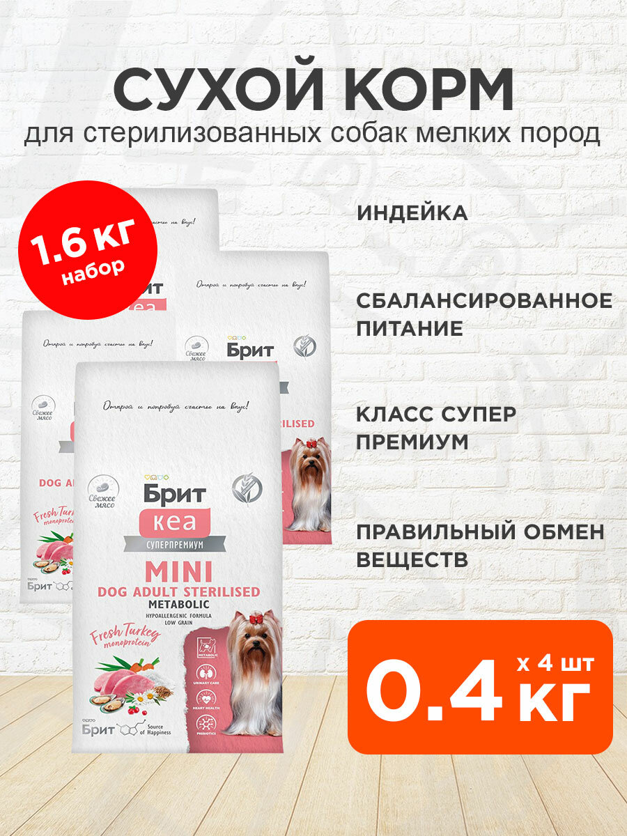 Корм сухой Брит Кеа Mini Dog Adult Sterilised Metabolic для взрослых стерилизованных собак мини-пород, индейка, 0,4 кг х 4 шт