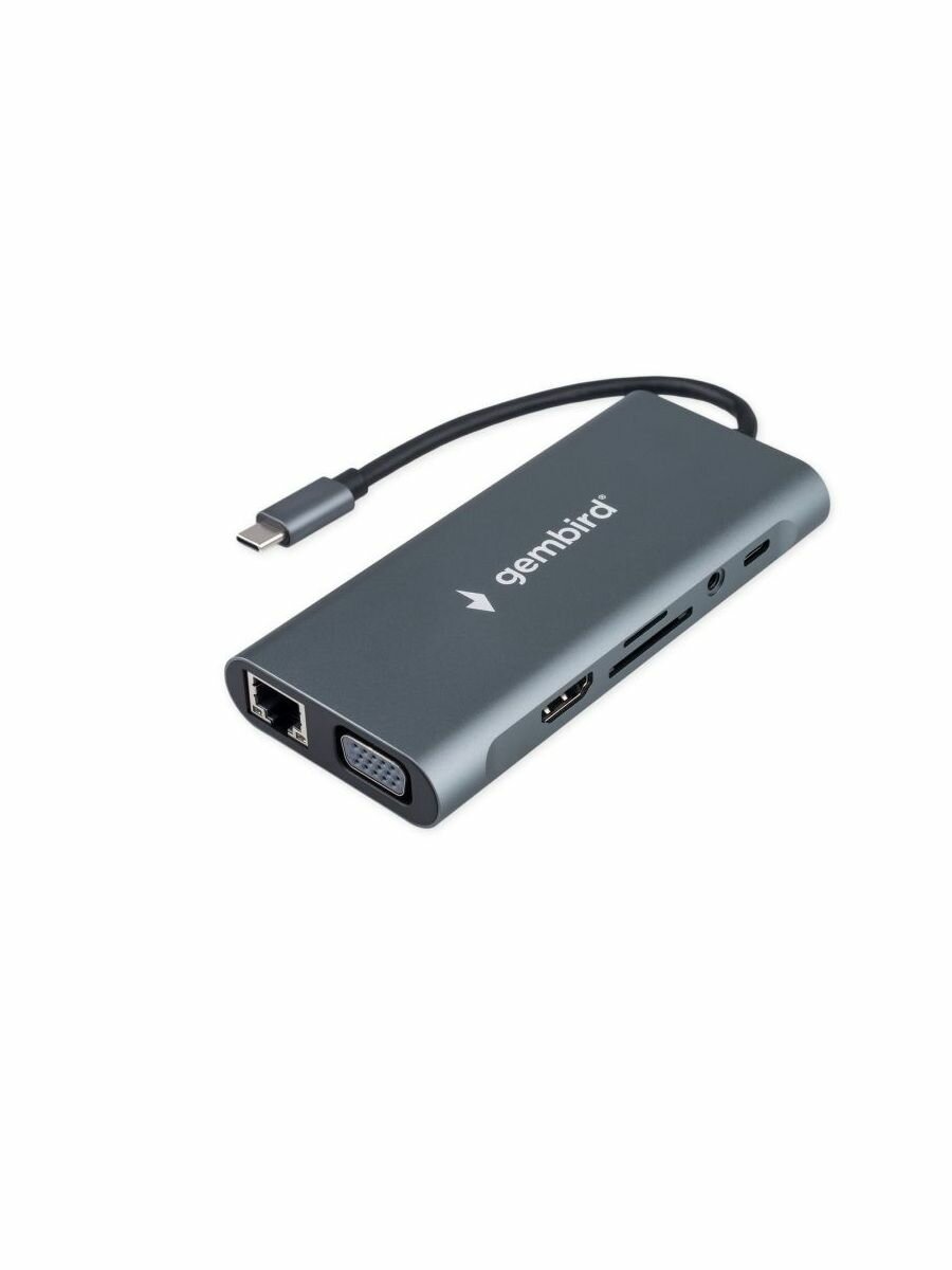 Док-станция Gembird UHB-D4 Type-C, 10в1: 3xUSB3.1, PD87W, Jack3.5, SD/TF, HDMI, RJ45, VGA, кабель15см