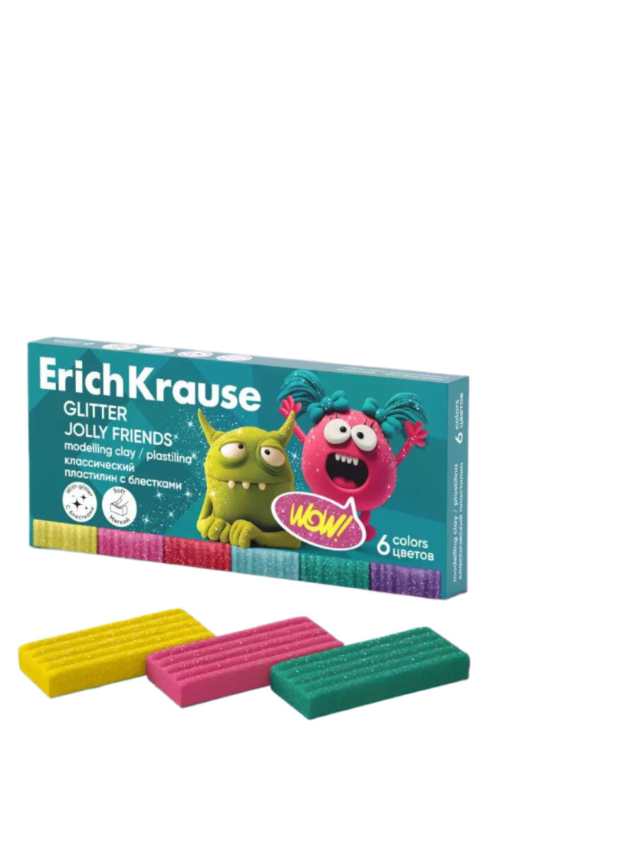 Пластилин 6 цветов ErichKrause Jolly Friends Glitter, с блестками, со стеком