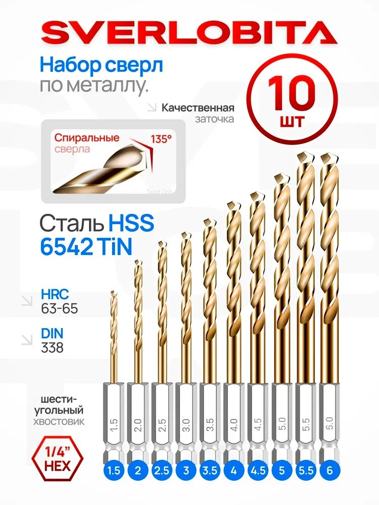 Набор сверл по металлу для дрели и шуруповерта 10 шт SVERLOBITA