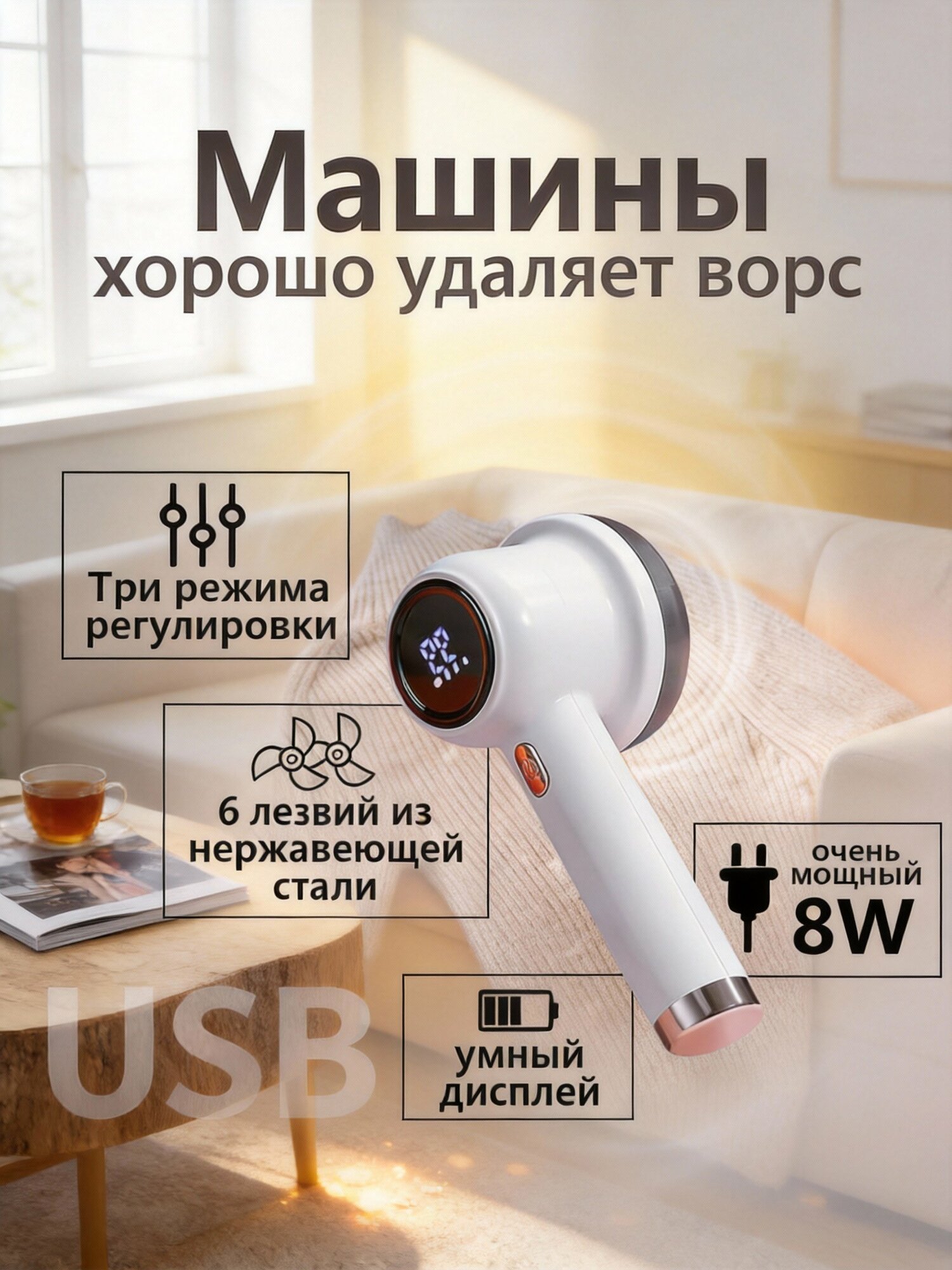 Машинка для удаления катышков с цифровым дисплеем, 3 режима работы, металлические лезвия и USB зарядка для комфортного ухода за одеждой