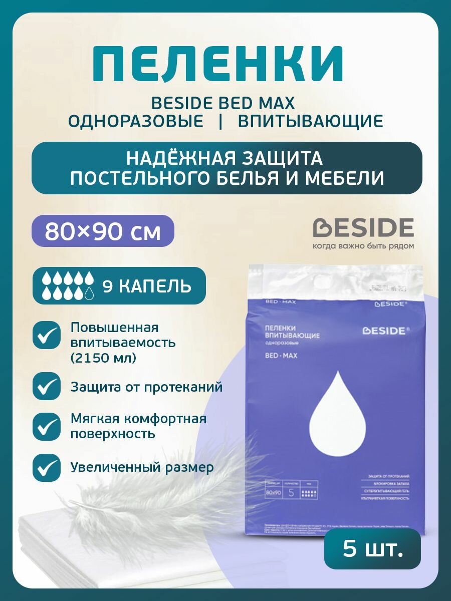 28709 Пеленки впитывающие одноразовые BESIDE BED MAX 80x90см 9 кап. №5