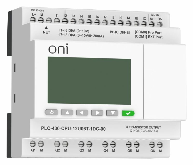 Модуль ЦПУ ПЛК 430 4 DI 6 UI (0-10В/DI) 2 UI (0-10В/0-20мА/DI) 6 TO 24В DC с Ethernet портом с экраном ONI PLC-430-CPU-12U06T-1DC-00