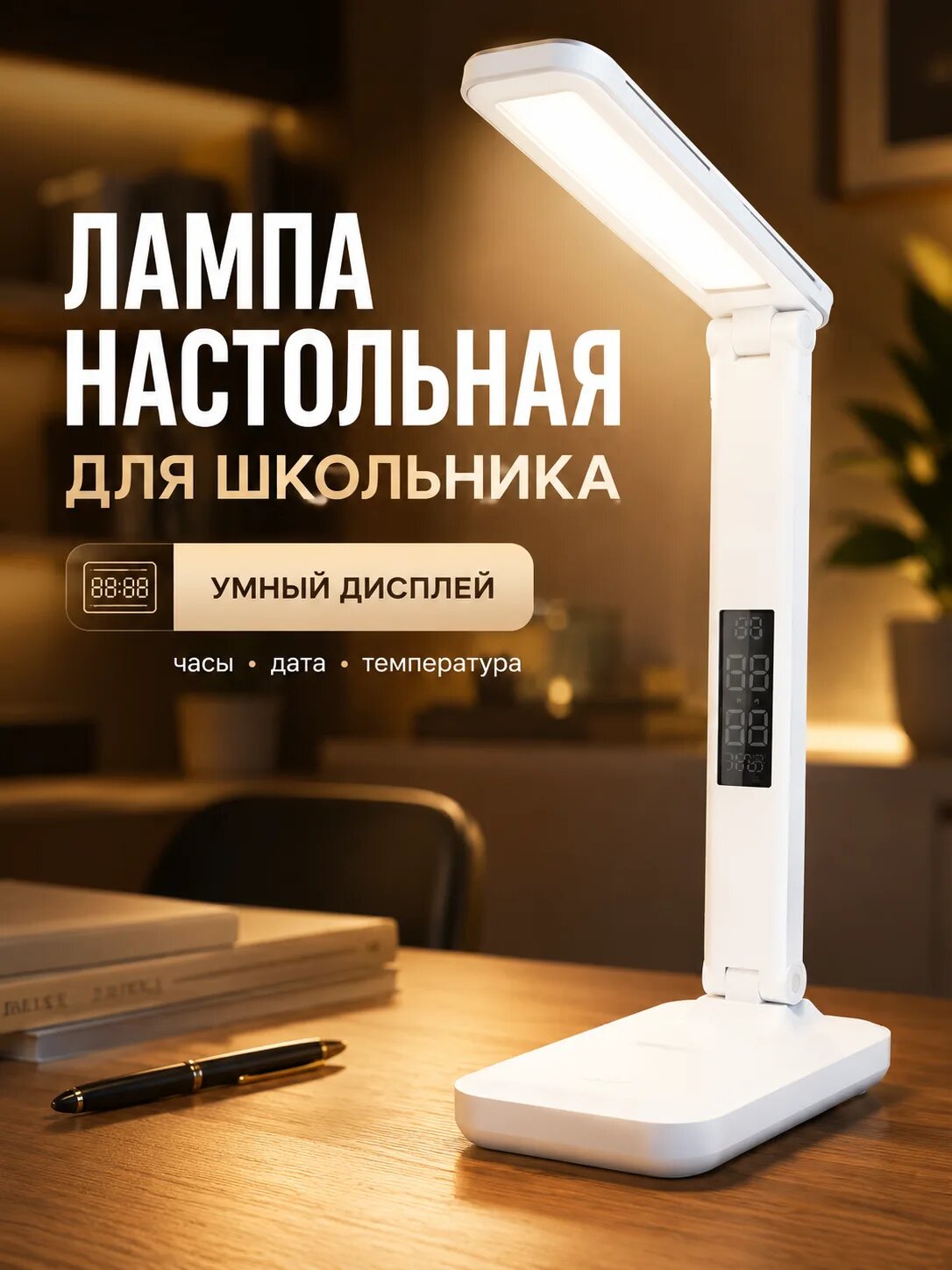 Лампа настольная светодиодная для школьника, сенсорная, с часами