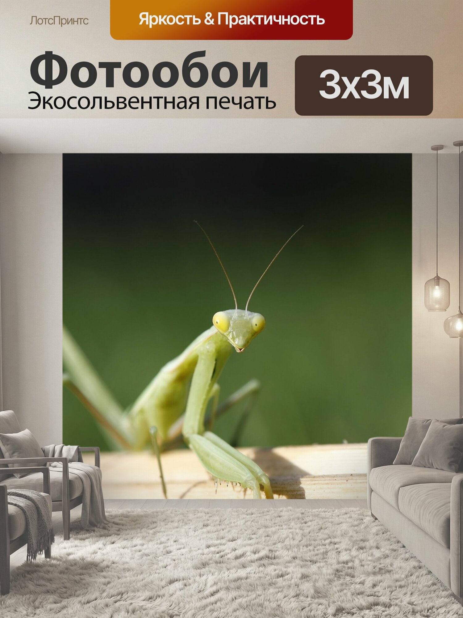 Фотообои "Богомол, макрос, зеленый" 300x300 см. экосольвентная печать