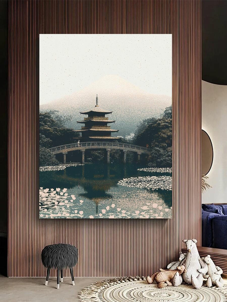 Картина на стену - "Пейзаж в японском стиле / гора Фудзи и сакура" , 50х70 см.