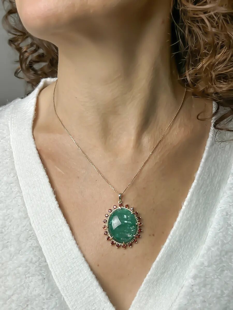 Подвеска, желтое золото, 585 проба, гранат, изумруд