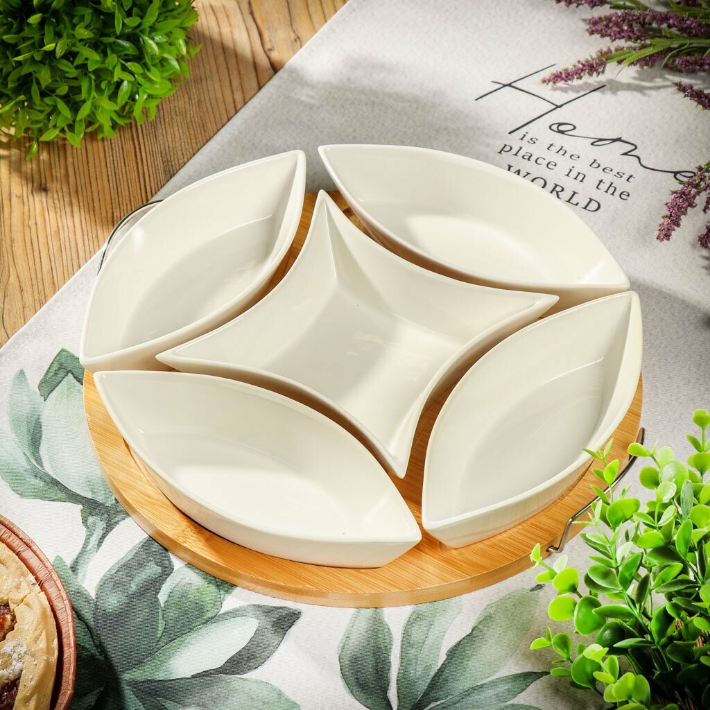 Менажница КНР керамика, 28х28х5 см, 5 секций, бамбуковая подставка