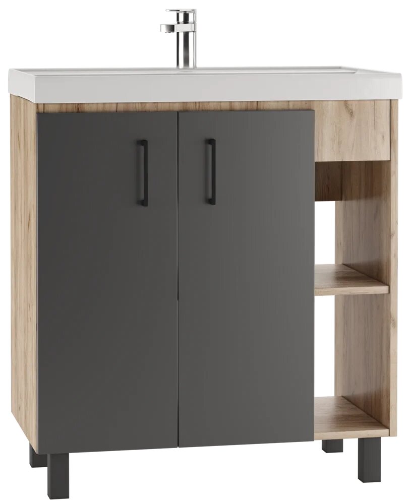 Тумба под раковину без столешницы Домино Craft 80 напольная, серая, светлое дерево, матовая, из МДФ, тумба для ванной, с дверками