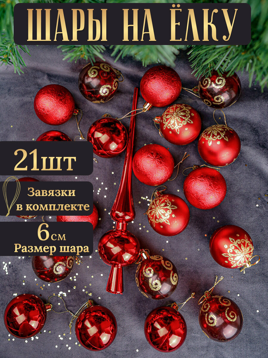 Новогоднее украшение. Набор ёлочных шаров 21 шт (20 шаров 6 см и верхушка), красный НУ-3606