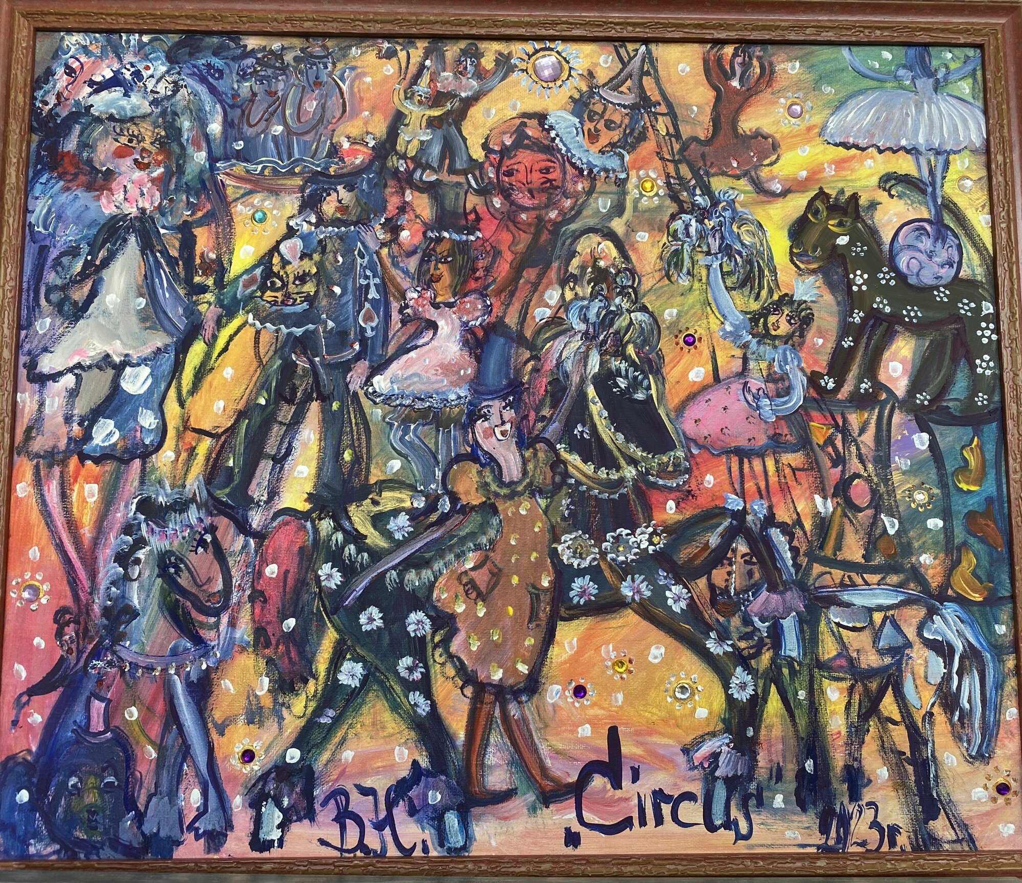Картина в раме. Цирк. Абстракция. 50/60. Холст/ темпера. Художник Васильчикова Надежда.