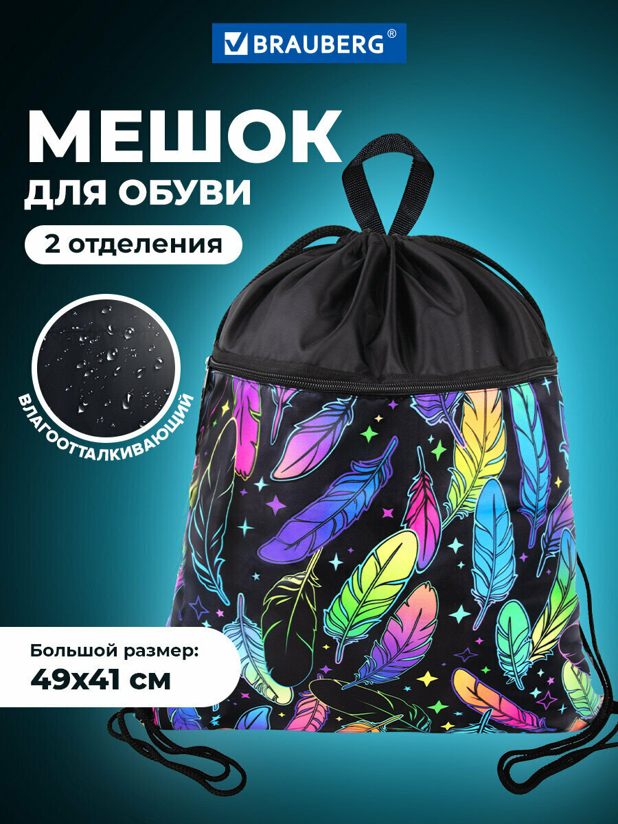 Сумка / мешок / рюкзак для сменной обуви (сменки) Brauberg, карман на молнии, с ручкой, сеточка для вентиляции, 49х41 см, Feathers, 271057