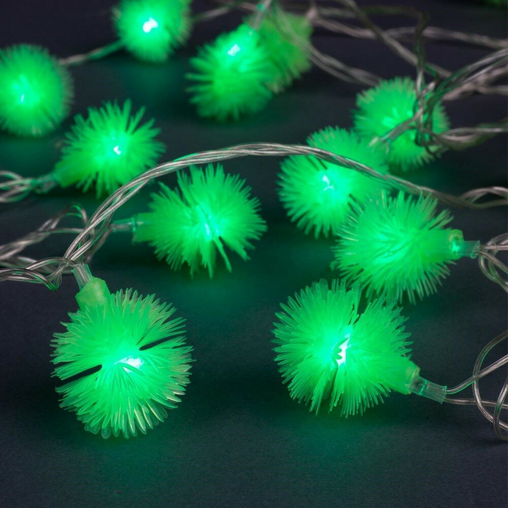 Гирлянда «Нить» 5 м с насадками «Ёжики зелёные», IP20, прозрачная нить, 30 LED, свечение зелёное, 8 режимов, 220 В