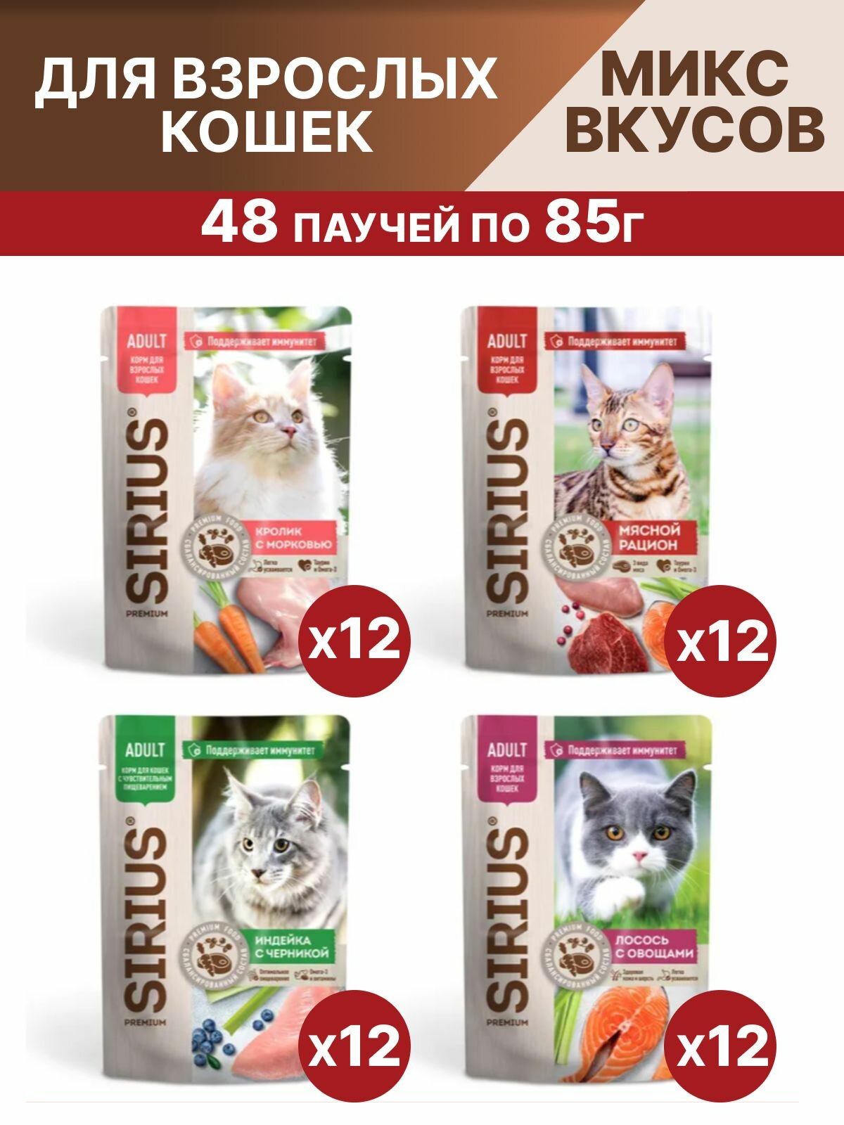 Корм консервированный полнорационный SIRIUS (Сириус) для кошек. Микс вкусов, кусочки в соусе, 48 шт по 85 г