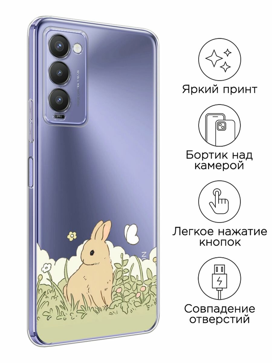 Чехол на Tecno Camon 18/18T / Текно Камон 18/18T с принтом "Кролик в поле", прозрачный — фото 1