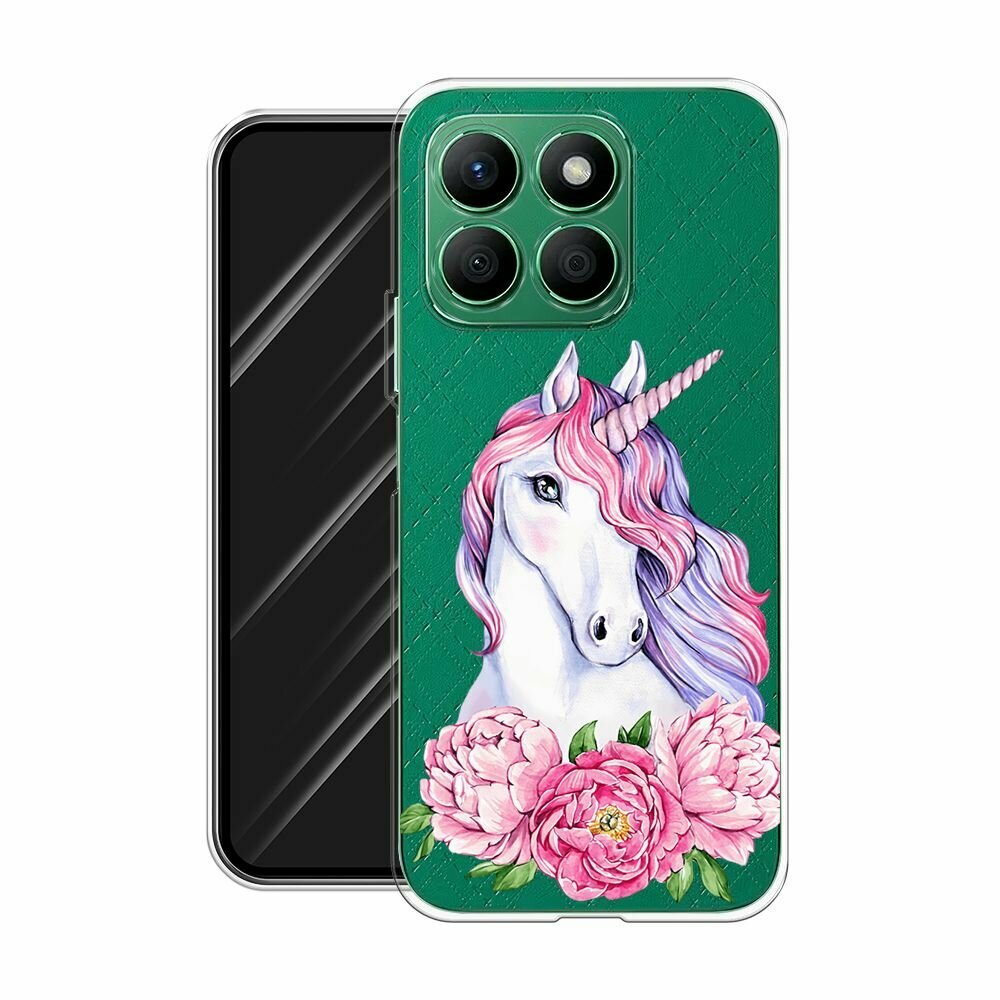 Чехол на Honor X8B / Хонор X8B с принтом Единорог с пионами, прозрачный — фото 1