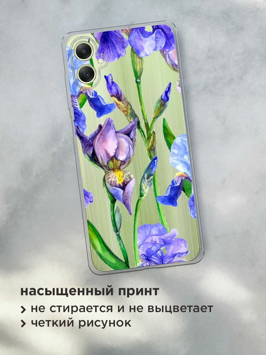 Чехол на Samsung Galaxy A06 / Самсунг Галакси А06 с принтом "Синие ирисы", прозрачный — фото 1
