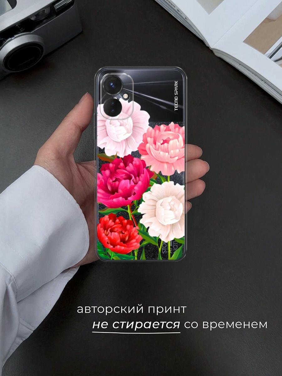 Чехол на Tecno Spark 9 Pro / Техно Спарк 9 Про с принтом "Большие пионы", прозрачный — фото 1