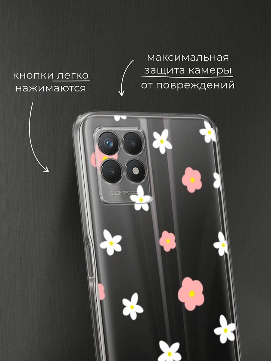 Чехол на Realme 8i / Реалми 8i с принтом "Розовые и белые цветы", прозрачный — фото 1