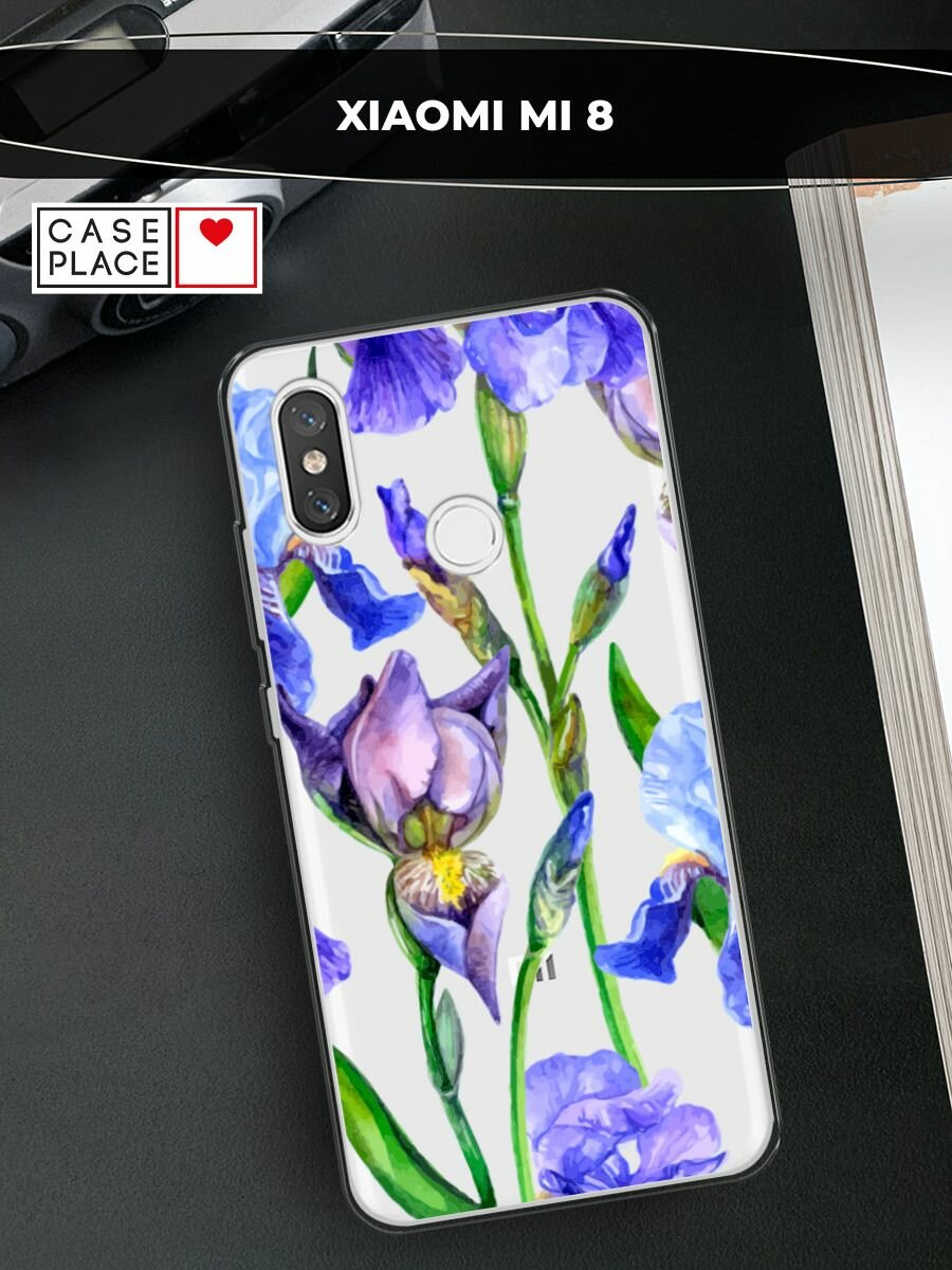 Чехол на Xiaomi Mi 8 / Сяоми Ми 8 с принтом "Синие ирисы", прозрачный