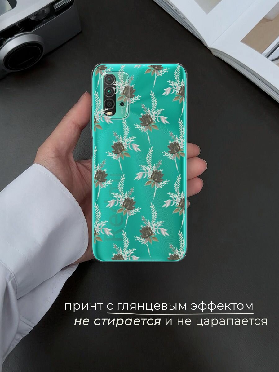 Чехол на Xiaomi Redmi 9T / Сяоми Редми 9Т с принтом "Паттерн цветы сепия" — фото 1