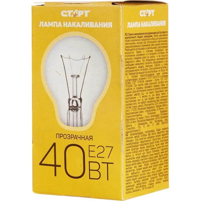 Лампа накаливания Старт стандартная, прозрачная, 40W, E27