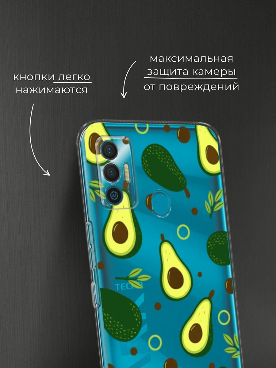 Чехол на Tecno Spark 7 / Техно Спарк 7 с принтом "Авокадо паттерн", прозрачный — фото 1