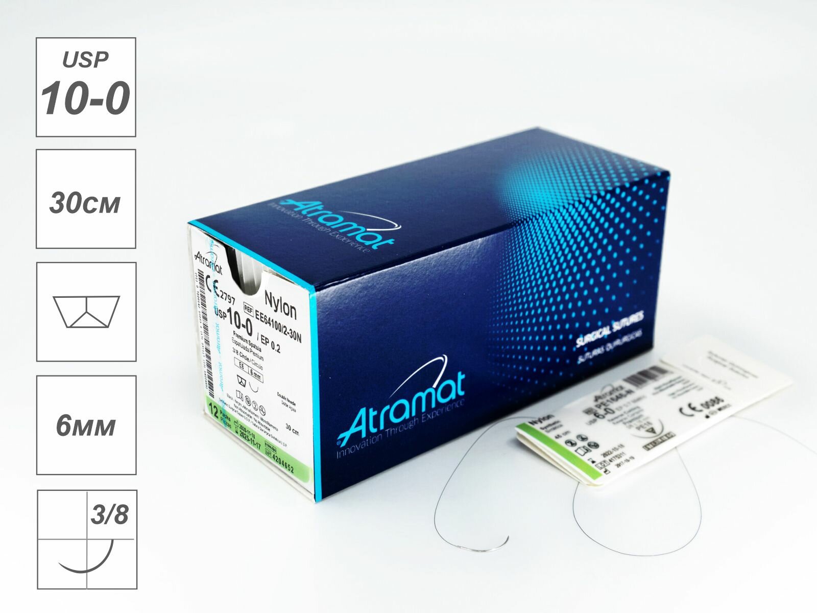 Нейлон (Капрон, Полиамид) две иглы (с обеих сторон нити) 12шт 30см USP 10-0 иглы шпательн. 6мм 3/8. ATRAMAT EE64100/2-30N шовный материал для хирургии.