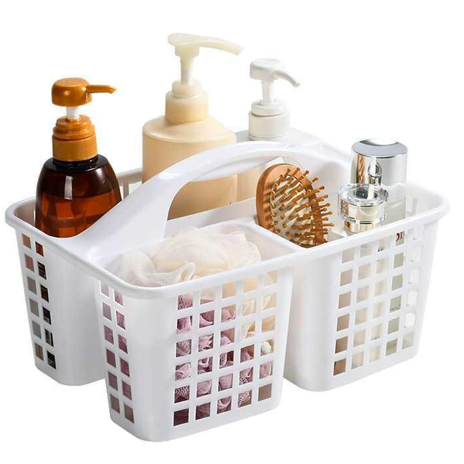 Корзина для душа из пластика с 3 отсеками, портативный органайзер для уборки с разделением и ручкой (белый)