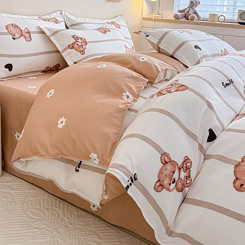 Категория A: Комплект постельного белья из четырех предметов с начесом в стиле Ins, свежий и простой стиль, простыня на резинке, пододеяльник, утолщенная простыня из стираного хлопка в стиле общежития и комплект пододеяльника,200*230cm